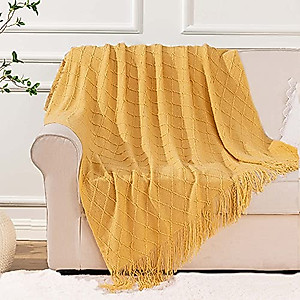 BATTILO HOME Mustard Throw Blanket with Fringe Geometric Bed Gold Yellow Throws Breathable Decorative Large Throw for Couch Sofa Indoor Outdoor (Mustard, 50"x60")