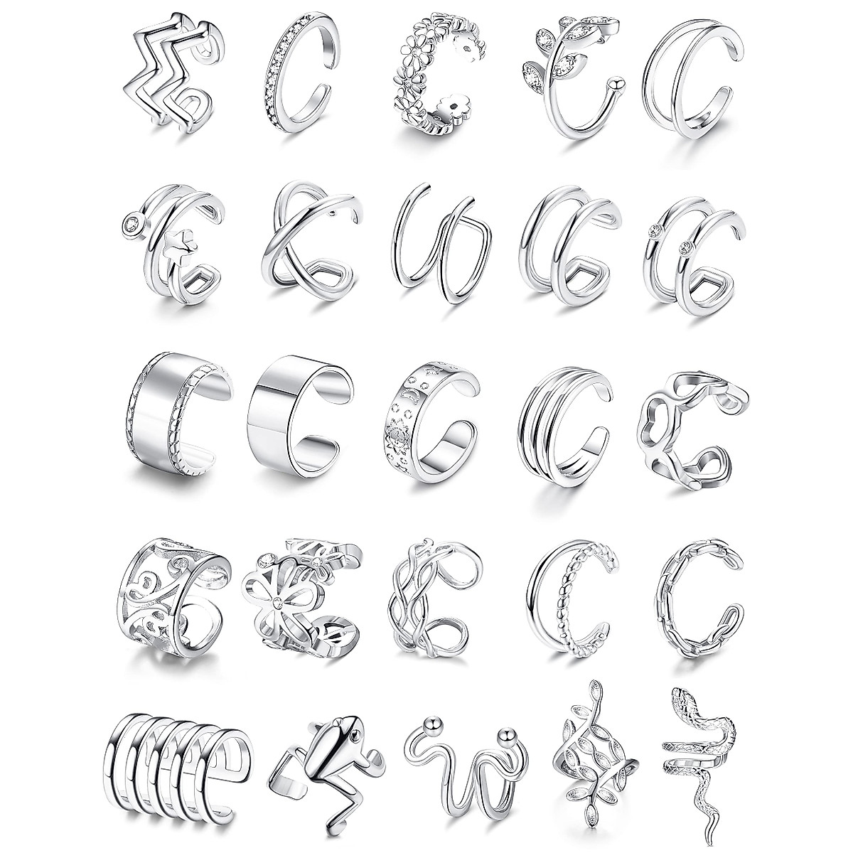FASACCO 25PCS Women Clip on Cartilage Helix Wrap Earrings Adjustable Ear Clip Non-Piercing Ear Cuff, Silver