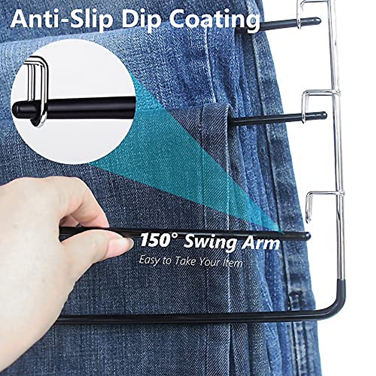 KLEVERISE 2 Pack Pants Hangers Space Saving, 5 Layer Tiered Non-Slip Stainless Steel Pants Hangers, Multi-Tier Pants Organizer Hangers, Swing Arm Space Saver Pants Hangers for Jeans Trousers