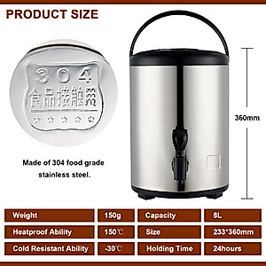 YMJOINMX Food Grade Stainless Steel Insulated Beverage Dispenser 8L 2.1Gallon Insulated Thermal Hot and Cold Beverage Dispenser for Hot Tea Coffee Cold Milk Water Juice (304 Stainless Steel)