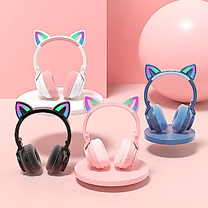 Headset Cat Ears Bluetooth Earphone Wireless Gaming Noise Cancelling 8 Hours with Mic USB Virtual Reality Detachable Cute Luminous Mouse Ear Rainbow RGB Flashing Light On-Ear Headphone (Pink) (ER-1)