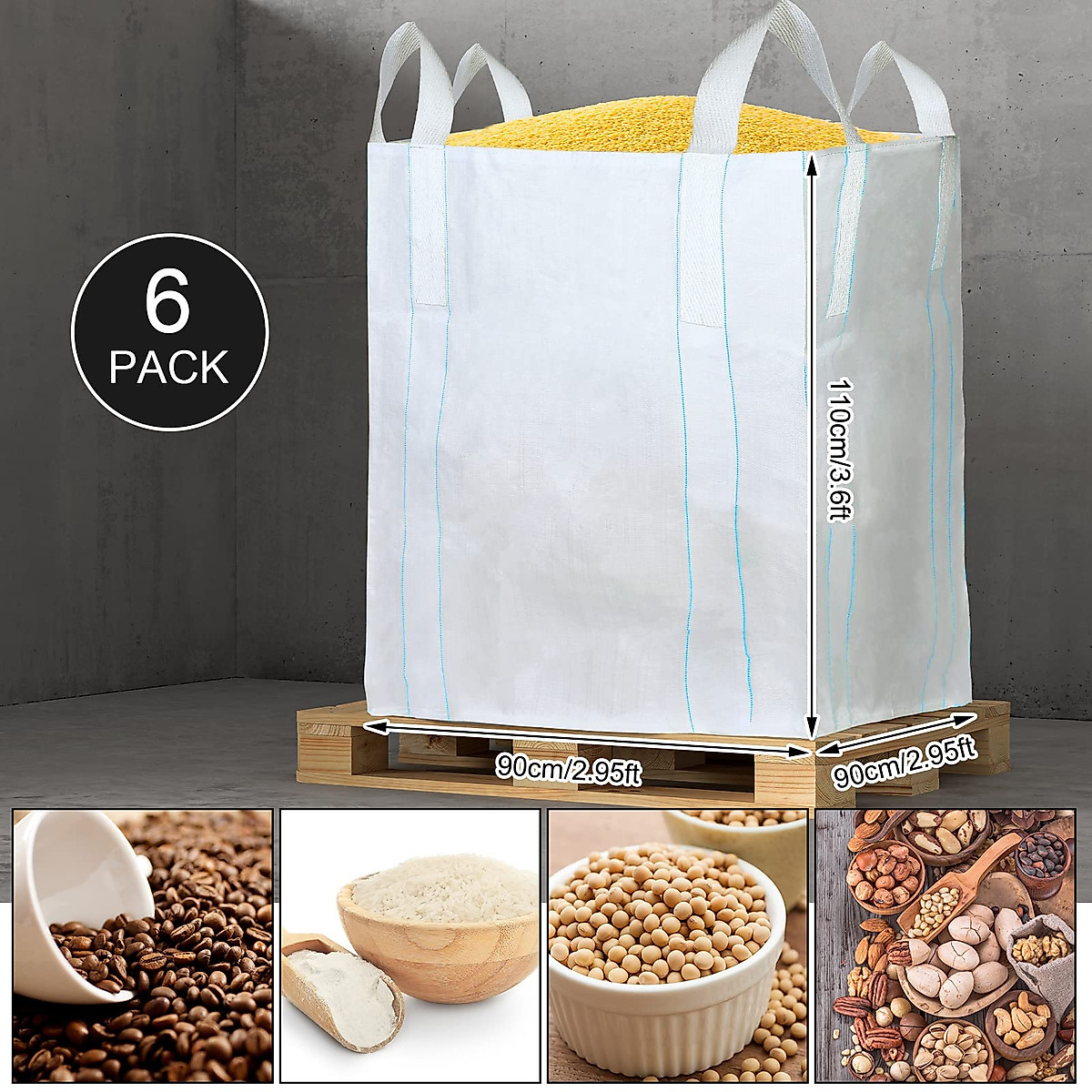 6 Pcs FIBC Bulk Bags 35" L x 35" W x 43" H, Holds Up To 3300 Lbs (SWL) Woven Polypropylene Sack for Dumpster, Feed Grain, Construction, Gravel, Waste Management, Sand Bags With 4 Lift Loops