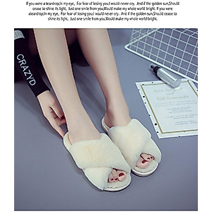 HUMIWA White Cross Slippers Fuzzy Fluffy Faux Fur House SPA Cute Open Toe Slippers for Women Girl/Women8-8.5 Men7-7.5