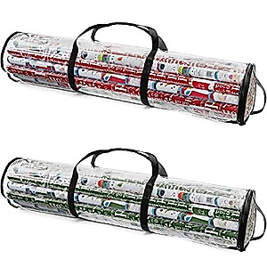 Fasmov 2 Pack Clear Gift Wrap Organizers Set, Christmas Wrapping Paper Storage Bag Wrapping Paper Holder, Heavy Duty PVC Clear Bag with Handles - Store Up to 20 Standard Rolls