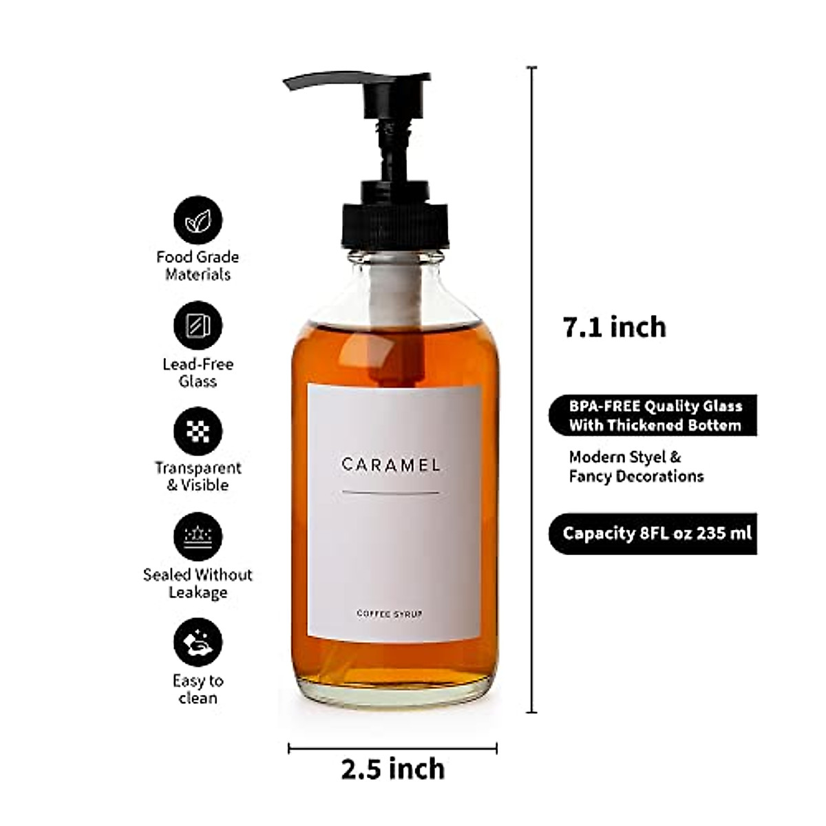 Jweltz Coffee Syrup Dispenser - 4-Pack Glass Pump Bottles with 86 Coffee Syrup Labels - Clear Sleek Coffee Bar Accessories, Kitchen Decor for Counter & Housewarming Gift - 8oz. (Black)