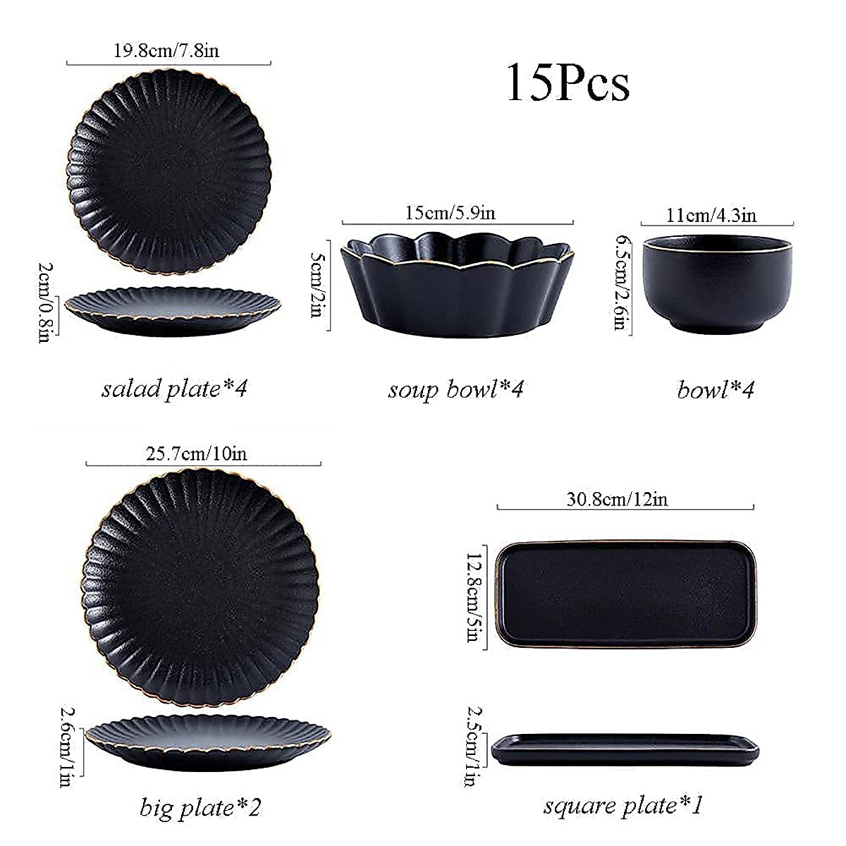 GagalU Party DinnerwareKitchen Tableware Set,Ceramic Dinnerware Set, 15 Pcs Matte Black Retro Plates and Bowls Set- Irregular Edge Dinner Sets, Service for 4