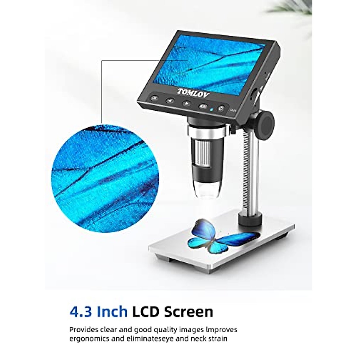 TOMLOV DM4 Coin Microscope 1000X with 4.3" Screen, 720P LCD Microscope with Metal Stand, 8 Adjustable LED Lights, PC View for Kids Adults, Windows Compatible, 32GB TF Card Included