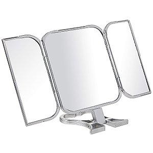 Portable 3 Sided Foldable Beauty Mirror with Built in Stand, Silver