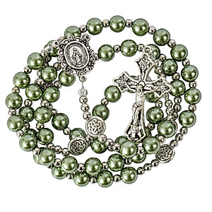 Nazareth Store Green Beads Rosary Necklace Catholic Pearl Beads Rosary with Miraculous Medal and Cross Crucifix
