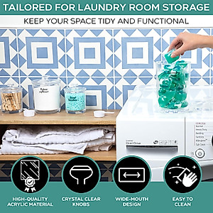 Premium Clear Acrylic Apothecary Jars with Lids for Bathroom & Laundry Room - Multipurpose Bathroom Canisters with Scoops & Labels - Laundry Containers for Pods & Dryer Sheets - Assorted 4 Pack