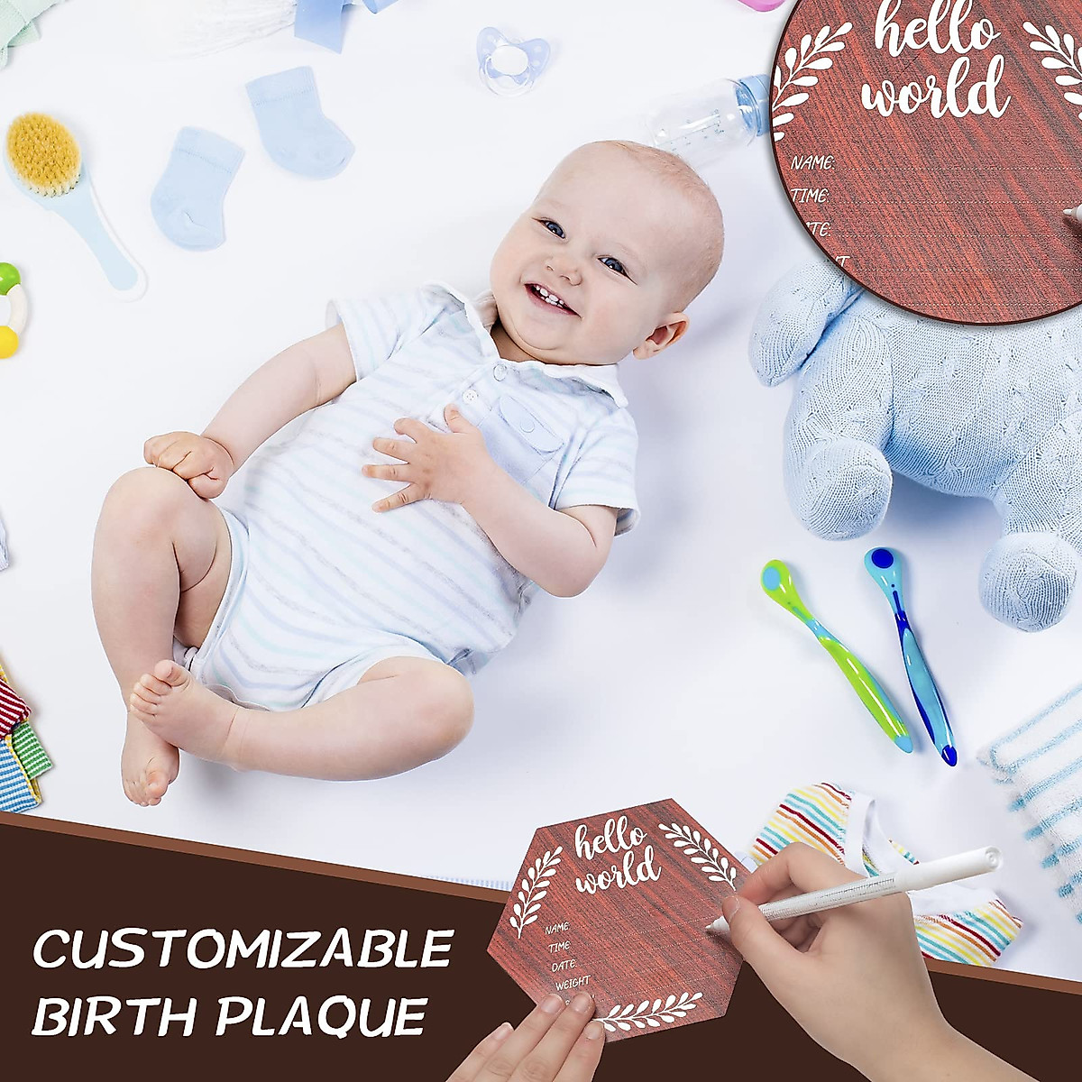 5.5 Inch Baby Birth Announcement Sign for Hospital Cherry Wooden Newborn Name Sign Hexagon Sign with White Paint Marker for Baby Gift Nursery Wall Decor