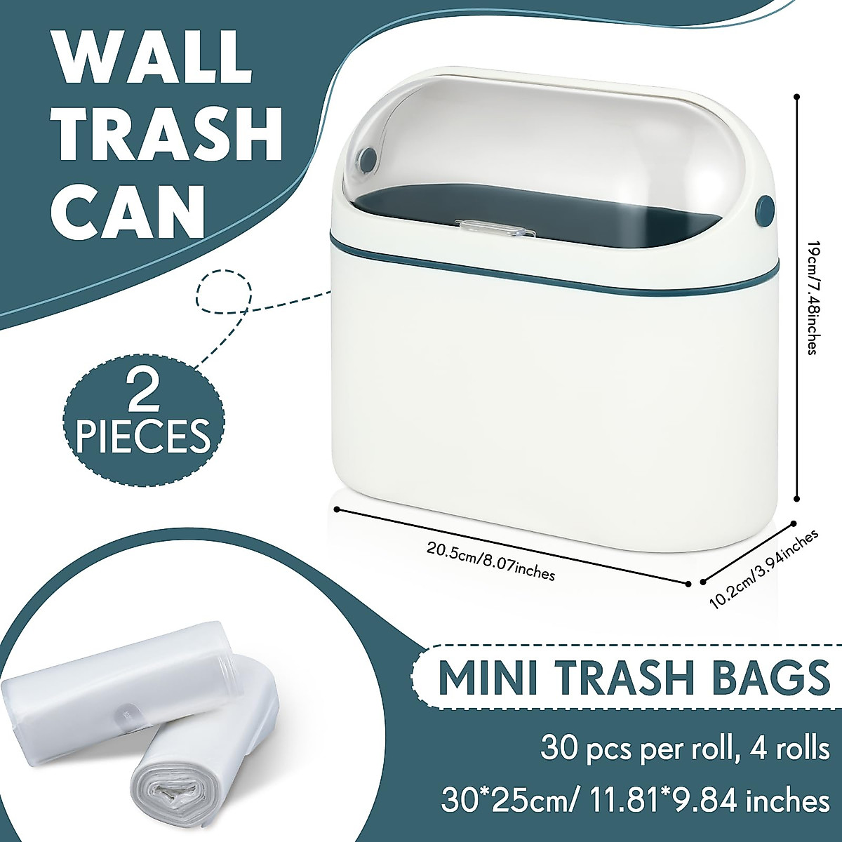 Bokon 2 Pcs Mini Trash Can with Lid Removable Tiny Wall Mounted Trash Can Mini Trash Bin with 4 Roll Thickened Trash Bags Garbage for Desktop Countertop Table Bathroom Office (White)