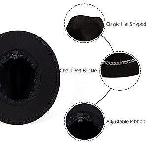 Gossifan Women Men Wide Brim Fedoran Hat with Chain Belt Buckle - Dark Night