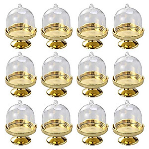 Healeved 12pcs Mini Cake Stand Chocolate Cupcake Candy Display Plate with Lid for Birthday Wedding Party Supplies - 8 x 6 x 6cm (Golden Base)