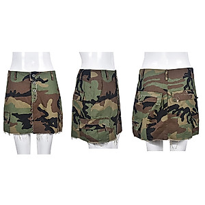 LETSVDO Women's Army Fatigue Cargo Skirts Short Green Y2K Military High Waist Split Bodycon Elastic Dresses 2023