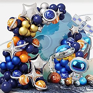 RUBFAC Space Party Decorations Balloon Garland Kit, Universe Space Planets Party Supplies UFO Rocket Astronaut Navy Blue Silver Foil Latex Balloons for Boys Kids