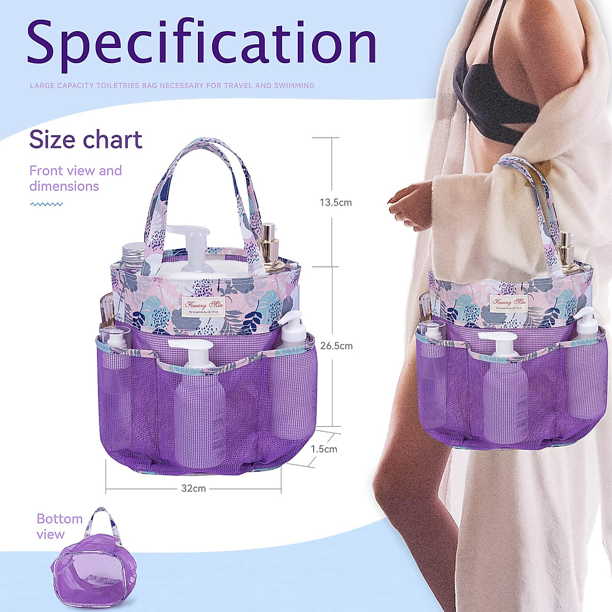 Fypxd Pretty Mesh Shower Caddy Portable for College Dorm Room Essentials,Durable Mesh Beach bag with Multiple Pocket Large Capacity,Shower Travel tole Bag for Beach,Swimming,Gym (Purple)