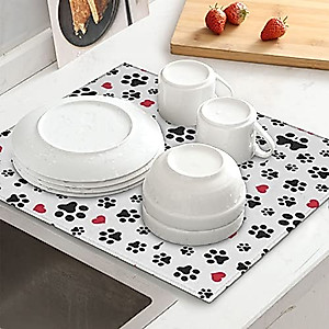 Love Cat Paw Heart Puppy Foot Print Printed Drying Mat For Kitchen Ultra Absorbent Microfiber Dishes Drainer Mats Non-Slip Silicone Quick Dry Pad - 18 X 16inch