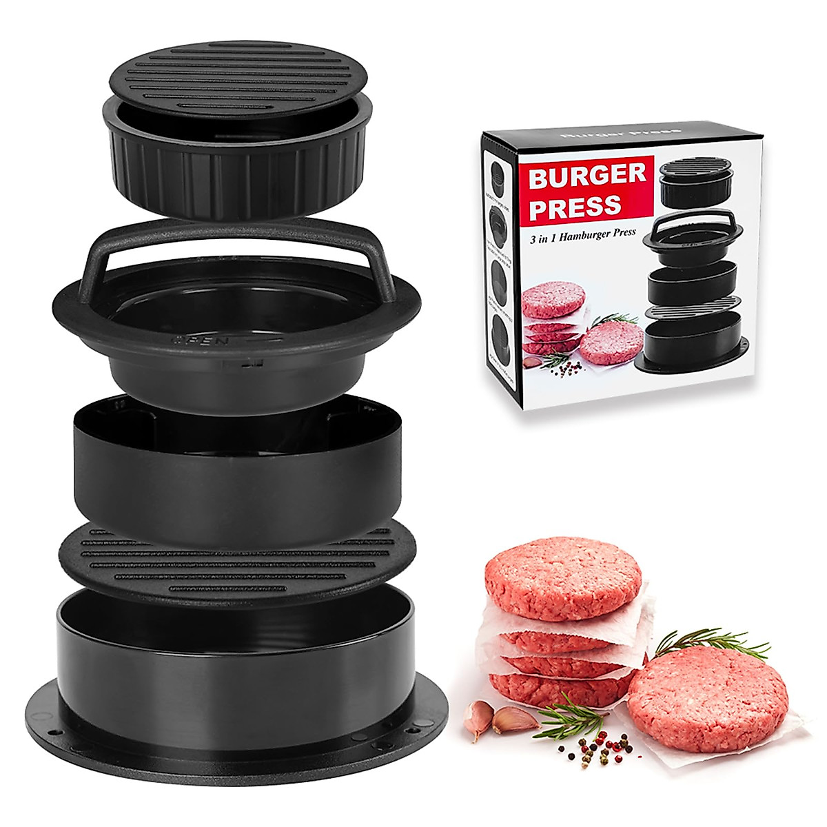atrccs Burger Meat Press, 3 in 1 Burger Press with Parchment Paper, Multifunctional Grill Press, Burger Meat Mold, Dishwasher-Safe and Non-Stick Patty Maker (Black)