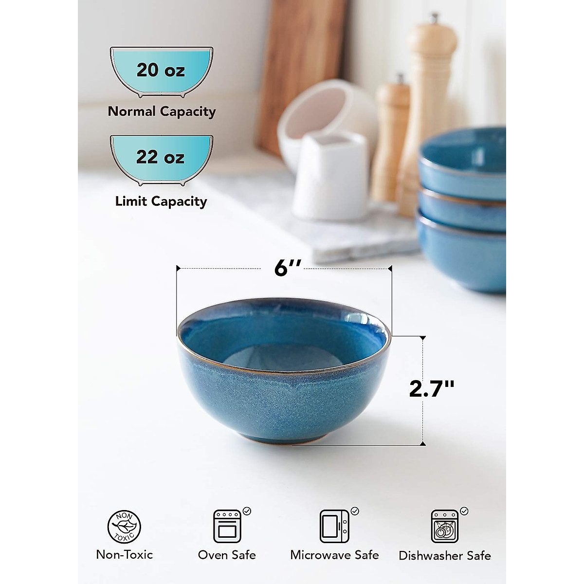 LE TAUCI Cereal Bowls 6 Inch, Ceramic Bowl Set for Soup, Dessert, Fruits, Salad, Noodle, Ramen, 22 Ounce Bowls for Kitchen, Set of 4, Ceylon blue