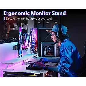 ODK 48-Inch L Shaped Gaming Desk with LED Lights & USB Power Outlets, Reversible Computer Desk with 4 Drawers, Corner Gamer Desk with CPU Shelf & Monitor Stand, Gaming Table for Bedroom, White