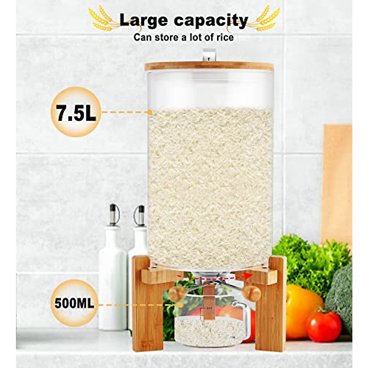 JIAWANSHUN Rice Dispenser Rice Container 7.5L Grain Storage with Clear Container Wood Stand for Home Kitchen Use Black Rice, Mung Beans, Red Beans, Lentils Container