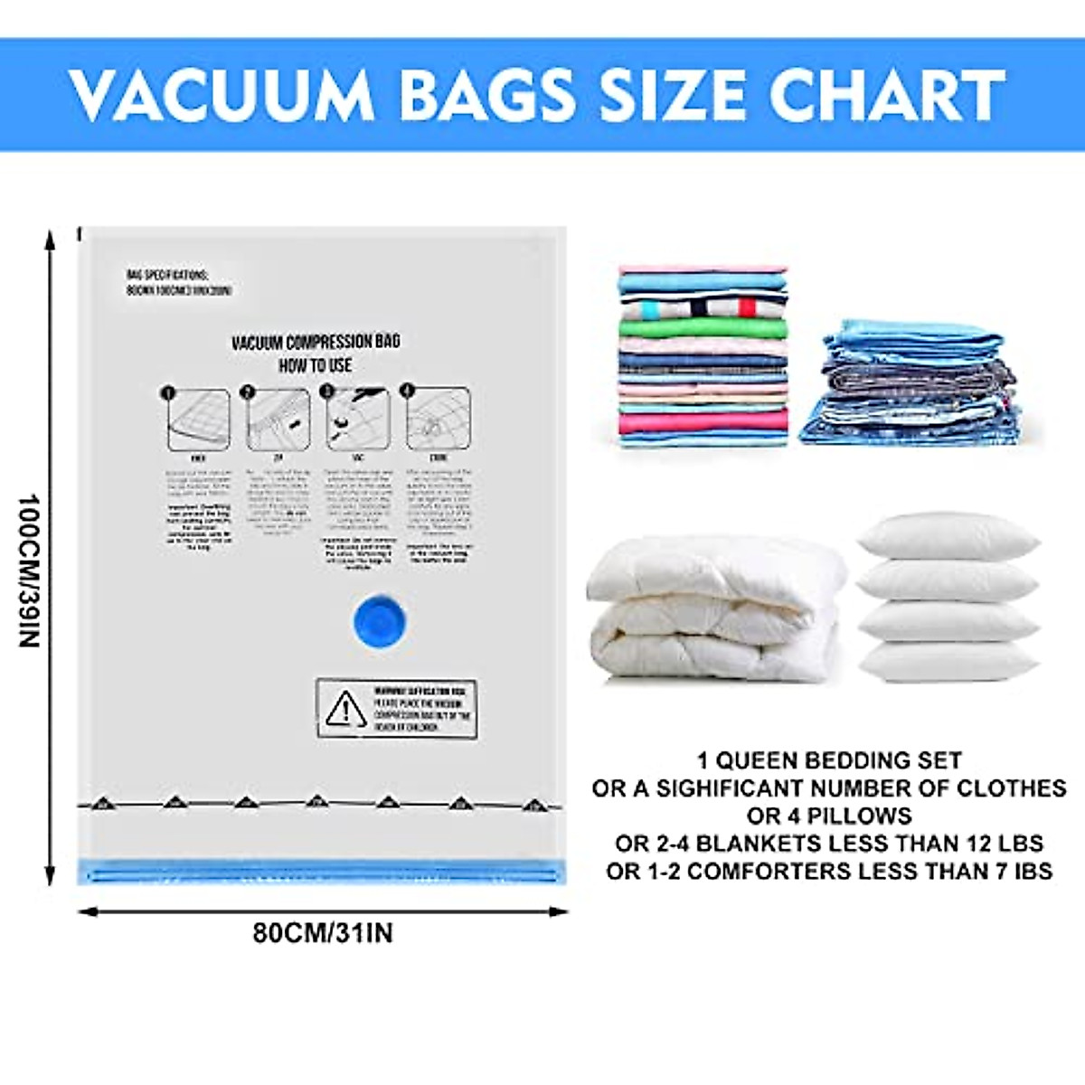 DBDSZYH Vacuum Compression Storage Bags with Hand Pump Reusable Vacuum Sealer Compression Space Saver Bag - 8-Pack (Jumbo)