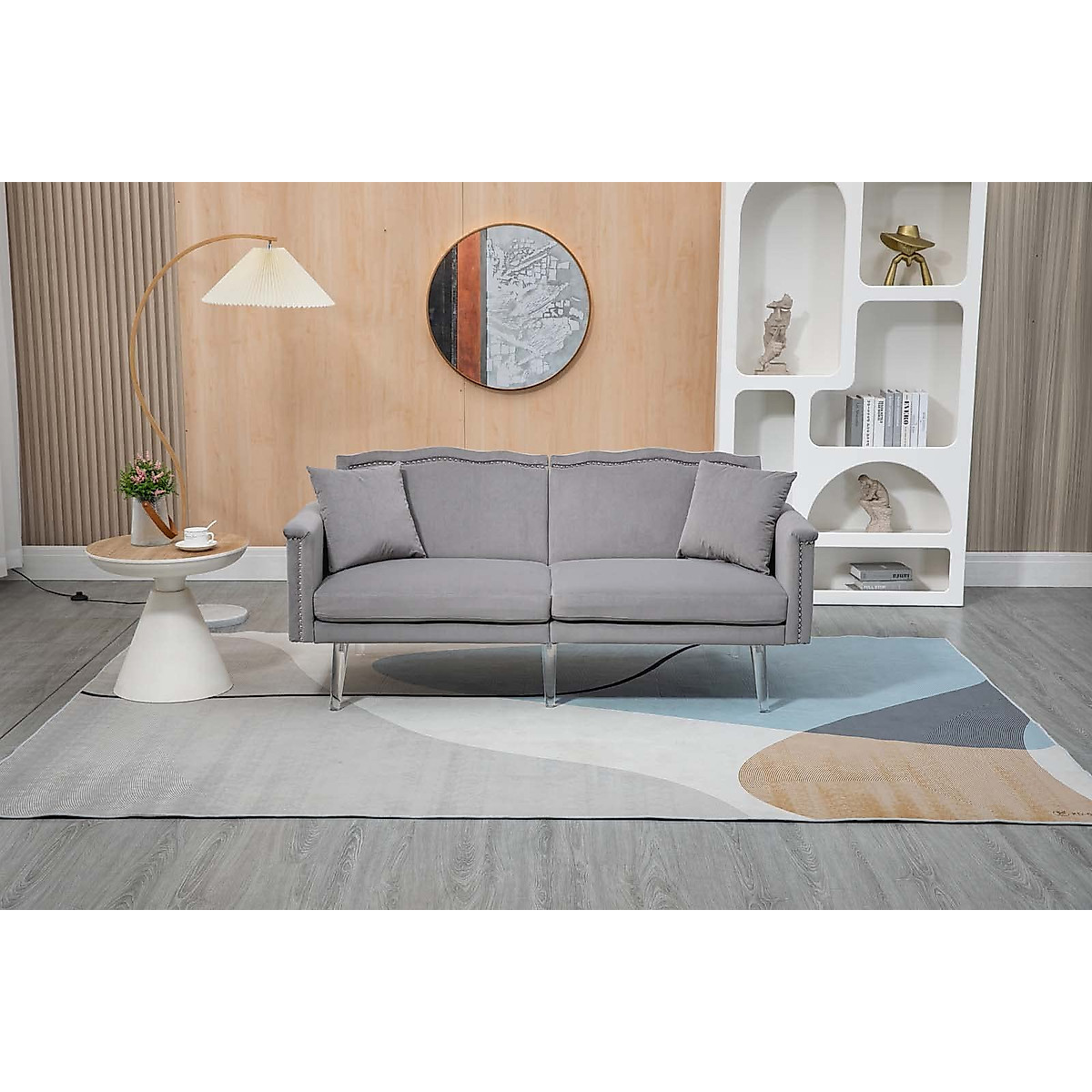 TMEOSK Convertible Futon Sleeper Sofa Bed with 2 Pillows and Armrest, Mid Century Modern Velvet Loveseat Adjustable Couch for Living Room Office Compact Small Space (Gray)