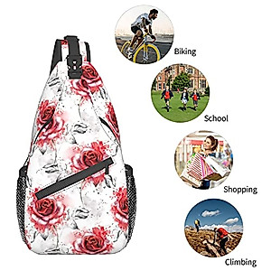 SUPLUCHOM Sling Bag Red Rose Gray Flower Hiking Daypack Crossbody Shoulder Backpack Travel Chest Pack for Men Women