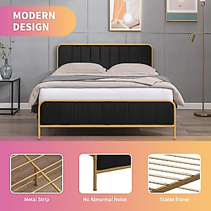 Mixoy Cal King Metal Bed Frame, Velvet Platform Bed Frame with Headboard, Heavy Duty Metal Mattress Foundation, Strong Metal Slat Support, No Box Spring Needed, Easy Assembly (Cal King,Golden/Black)