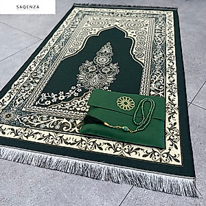 SAQENZA Muslim Prayer Rug - Prayer Mat with Travel Bag, Prayer Beads - Muslim Gifts - Ramadan Gifts for Men, Women and Kids - Islamic Gifts (Green-2)