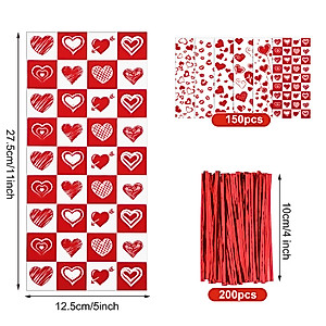 Zonon 150 Pieces Valentine Cellophane Bags Valentine Candy Bags Valentines Favor Treat Goodies Bags with 200 Pieces Twist Ties for Valentine Party Holiday Supplies