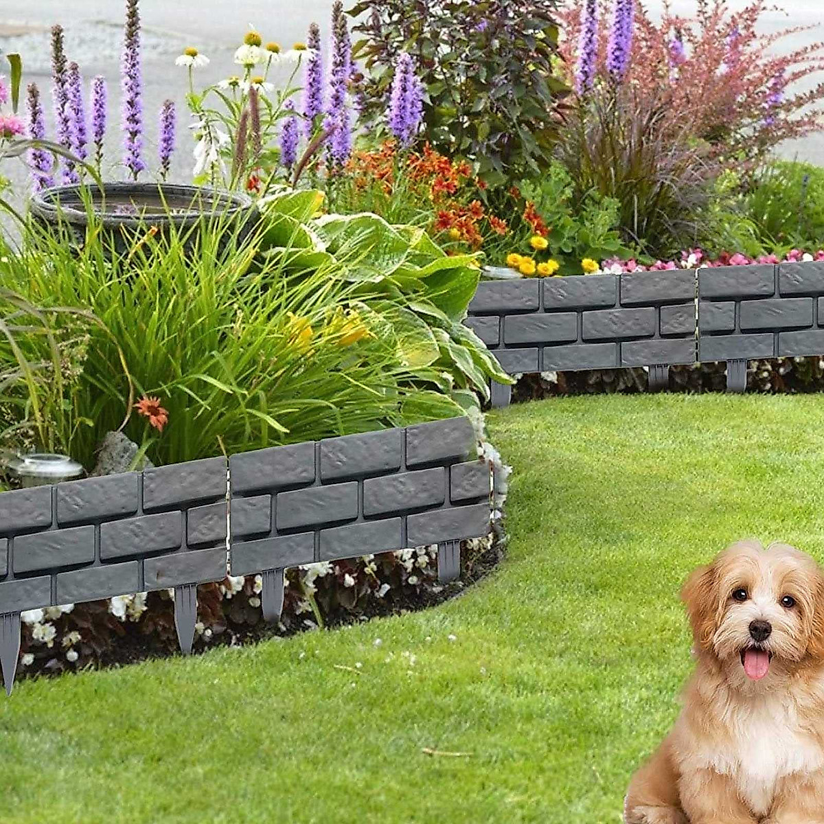 SJUFNDS Garden Lawn Edge Fence Outdoor Brick Stone Look Borders No-dig Interlocking Landscape Edging Decorative Landscape Kits Plastic 5PCS (Grey-5pcs)