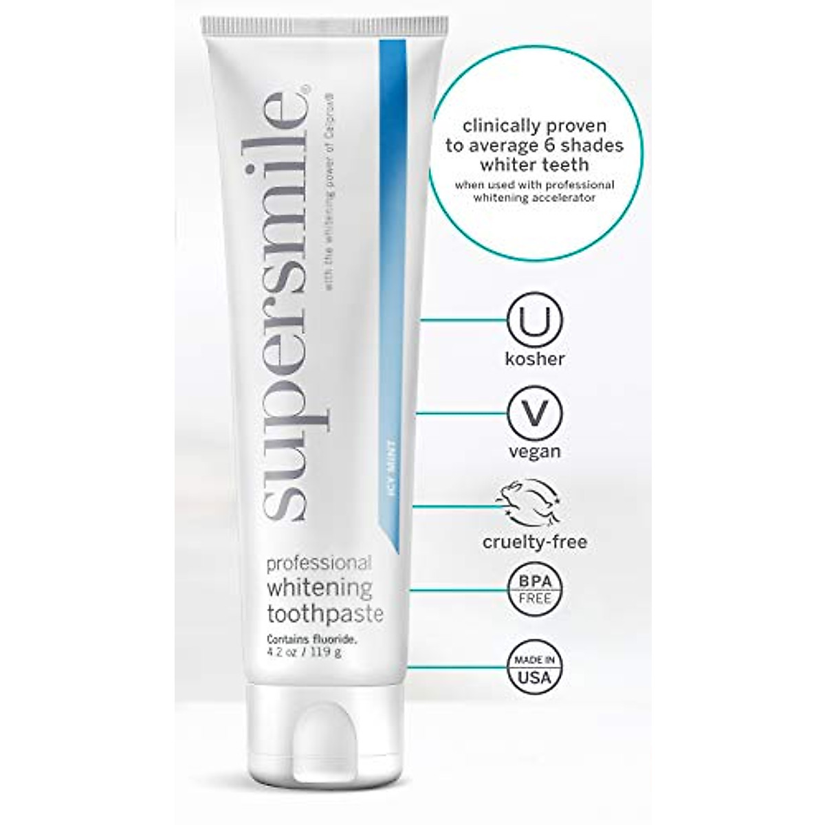 Supersmile Professional Teeth Whitening Toothpaste with Fluoride - Clinically Proven to Remove Stains & Whiten Teeth Up to 6 Shades - Enamel Strengthening - No Sensitivity (Icy Mint, 4.2 Oz)
