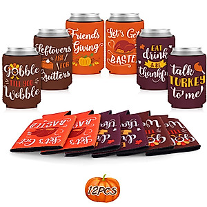 12PCS Friendsgiving Party Decorations Can Cooler Thanksgiving Fall Party Favor Potluck Dinner Friends Gathering Neoprene Can Sleeve for Soda Beverage Thankful Feast Party Supplies