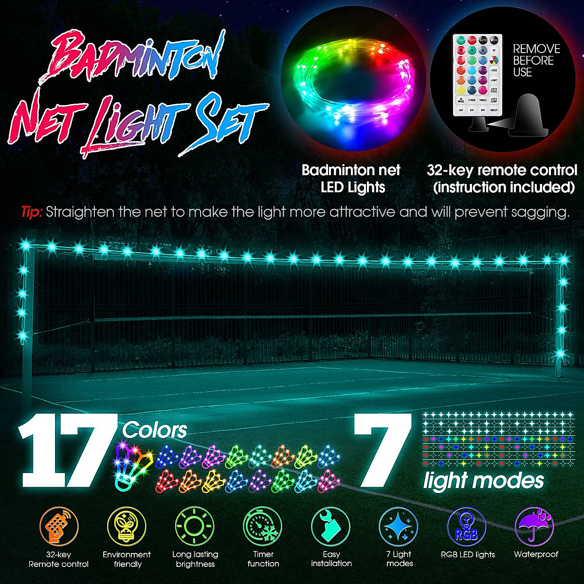 YepItIs Badminton Net Light, 17 Colors 7 Modes Waterproof LED Light with Remote for Backyard Badminton Volleyball Game at Night, Great Addition to LED Shuttlecocks for Net Up to 17FT(Net not Include)