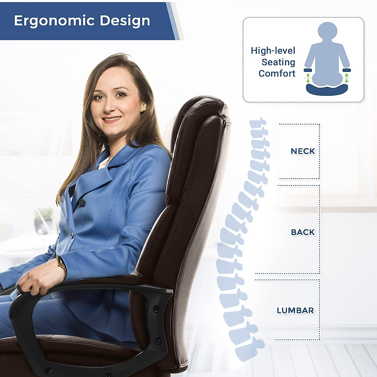 ZUNMOS Home Office Executive Desk High Back Computer Adjustable Height and Swivel Task Lumbar Head Support Chair, Leather Black