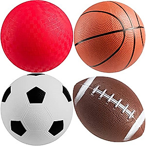 Sports Balls with Hand Pump for Kids - (Pack of 4) 6-Inch Diameter Rubber Sport Ball Toy Set Includes Football, Soccer Ball, Basketball and Playground for Fun Outdoors and Backyard
