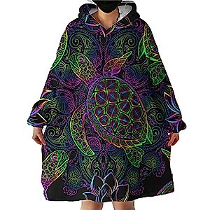 Sleepwish Wearable Blanket Turtle Lotus Print Oversized Blanket Hoodie with Deep Pockets, Long Sleeves - Soft Comfy Sweatshirt for Women and Men Teenagers Girls Boys -(Adults 63" x 39")