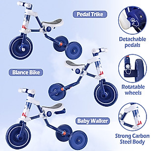 Lipneaed 3 in 1 Toddler Tricycles for 1 to 4 Years Old Kids, Trike for Boys Girls Balance Bike with Adjustable Seat Height Convertible Rear Wheels and Removable Pedal (Blue)