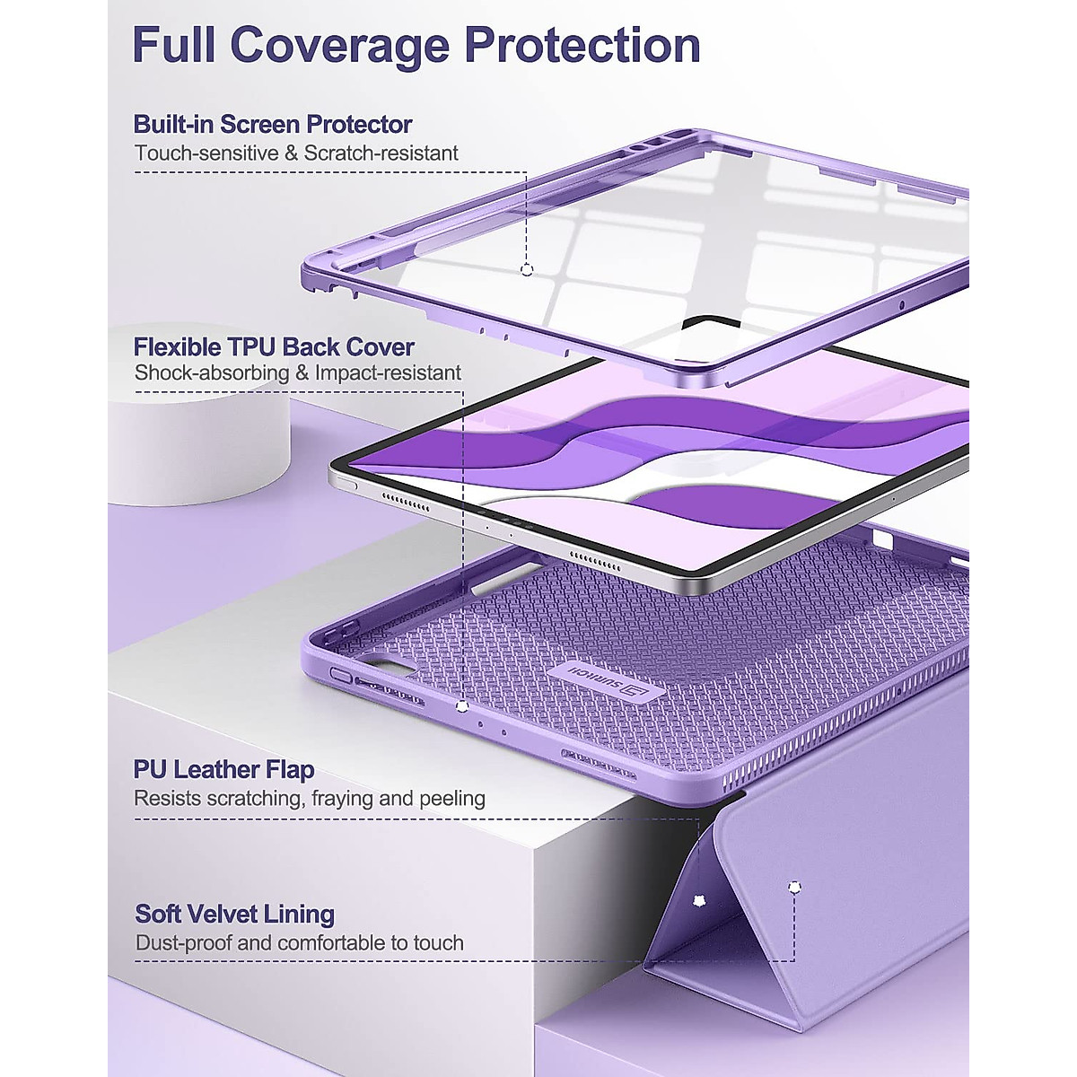 SURITCH for iPad Pro 6th/5th/4th/3rd Generation, iPad Pro 12.9 Case, [Built in Screen Protector] [Pencil Holder] Lightweight Leather Cover for iPad Pro 2022/2021/2020/2018-Purple
