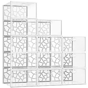 Pinkpum Large Shoe Boxes Clear Plastic Stackable, 12 Pack Shoe Storage Box Organizer for Closets, Foldable Sneaker Storage Fit for Size 11