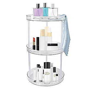 3 Tier Clear Turntable Lazy Susan, HOLENGS Round Spinning Cabinet Spice Rack Organizer with a Dishcloth, Food Storage Container Bins for Kitchen Bathroom Jewelry Container Makeup Cosmetic Storage