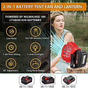 Hiesuan for Milwaukee 18v Fan Portable Camping Fan with Lantern, Remote, 3 Speed Brightness, 4H Timer, Hook Rechargeable Cordless Jobsite Small Personal Fan for Milwaukee 18V M18 Li-Ion Battery