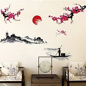 2 Sheets Japanese Style Splash Ink Landscape Painting Wall Sticker Red Cherry Blossom Wall Decals Removable Peel and Stick Mountain River Fisherman Mural for Bedroom Living Room TV Home Decor