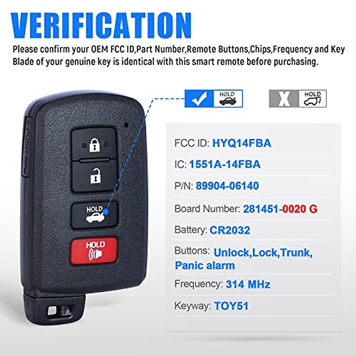 Keymall Keyless Entry Smart Prox Remote Key Fob Replacement for Toyota Avalon Camry Corolla 2013-2018 4 Buttons(281451-0020 G Board FCC ID:HYQ14FBA PN:89904-06140)