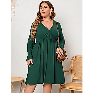 KOJOOIN Women's Plus Size V Neck A-Line Knee Length Wrap Swing Dresses Casual Loose Party Mini Dress with Pockets (Dark Green, 5XL)