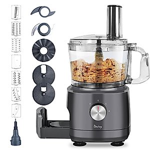 Davivy Food Processor 7 Cup, Built-in Storage Drawer Small Food Processors with 10 set blades,French fry cutting,Wavy slicing for Home Use,3-Speed, Grey,600W