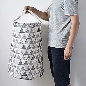 23“ Extra-Large Freestanding Laundry Basket with Lid Waterproof Foldable Laundry Canvas Hamper with Extended Handles(White Triangle)
