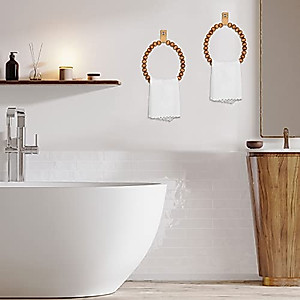 Vesici 2 Pcs Handmade Boho Towel Rack Bead Round Wood Ring Wall Mounted Bathroom Decor Wooden Bath Rings Rustic Farmhouse Hand Holder for Kitchen Stand Accessories